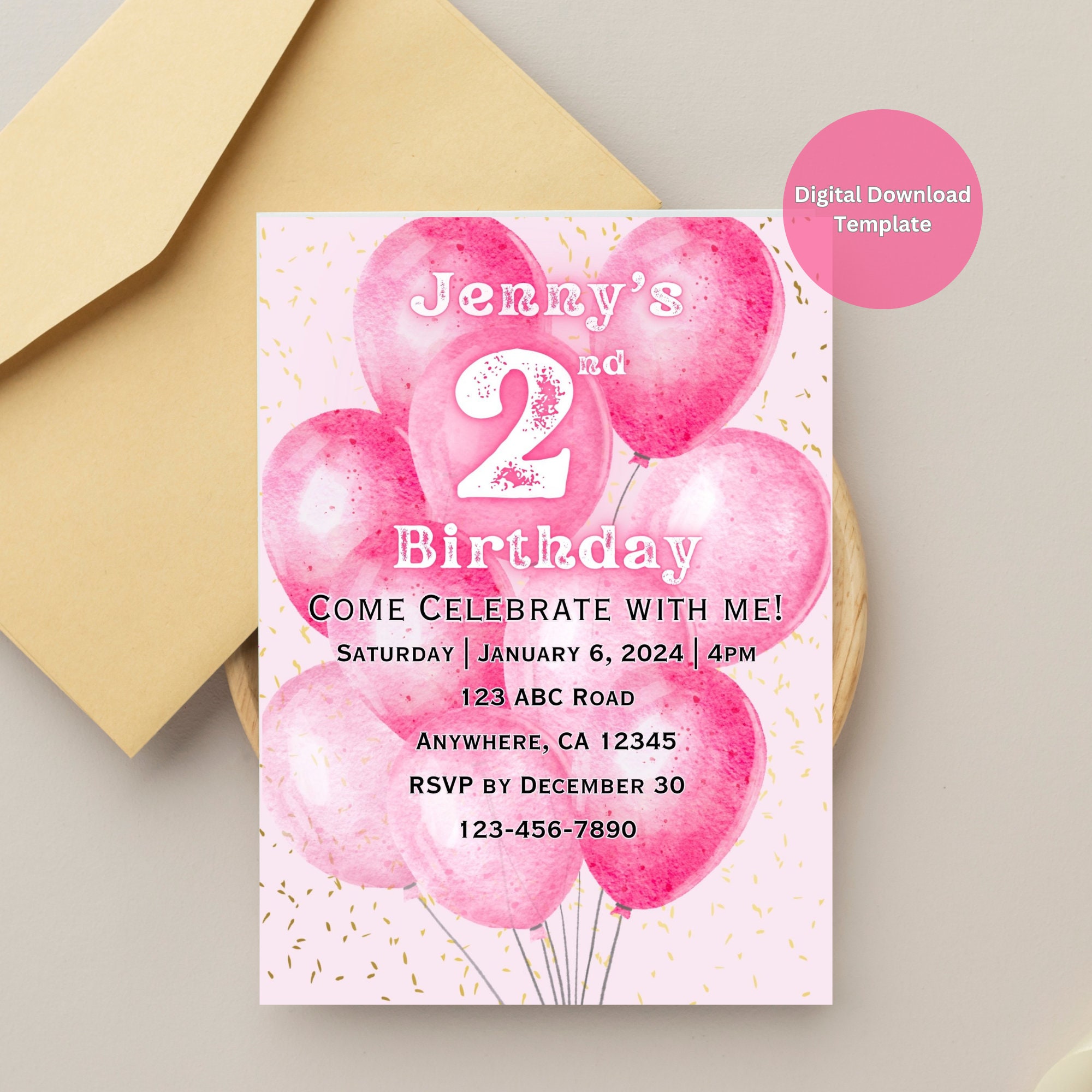 Pink Balloons Birthday Invitation Template Customizable Pink Balloons ...