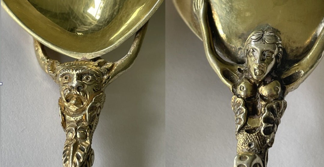 V Rare Antique Sterling Apostle Serving Spoons Figural Rejoicing Devil ...