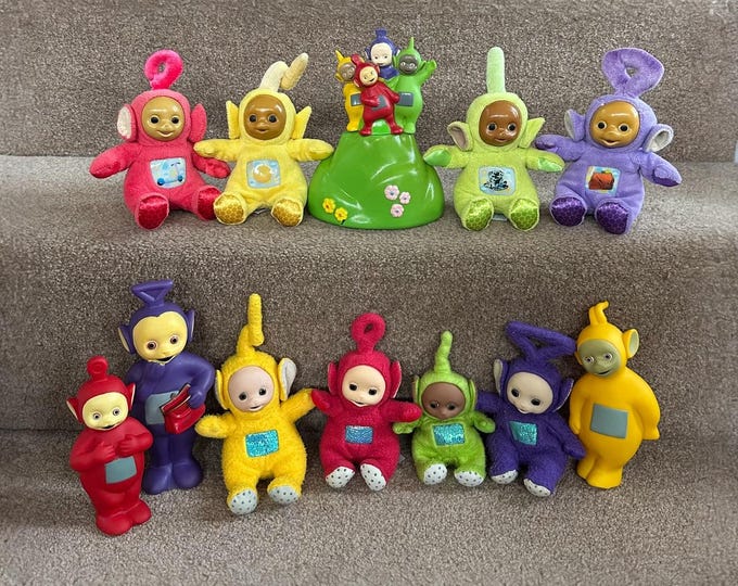 2 Sets of Vintage 1996 Teletubbies Mini Soft Toys - 3 Plastic Dolls ...