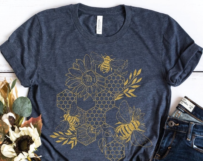 Vintage Bee Botanical T-shirt, Honeycomb Doodle Shirt, Unique Honey ...