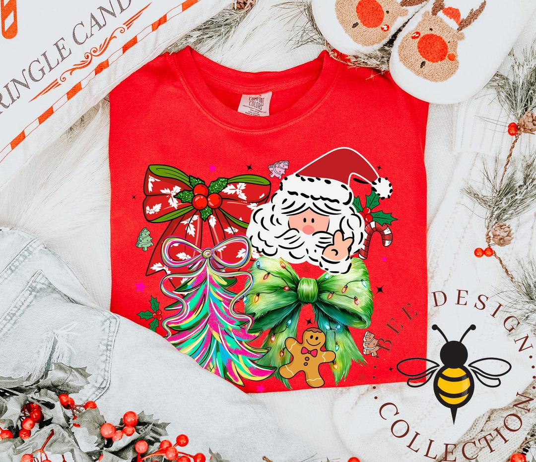 Cute Preppy Christmas Santa Peace Sign Xmas Graphic Tee, Bows ...