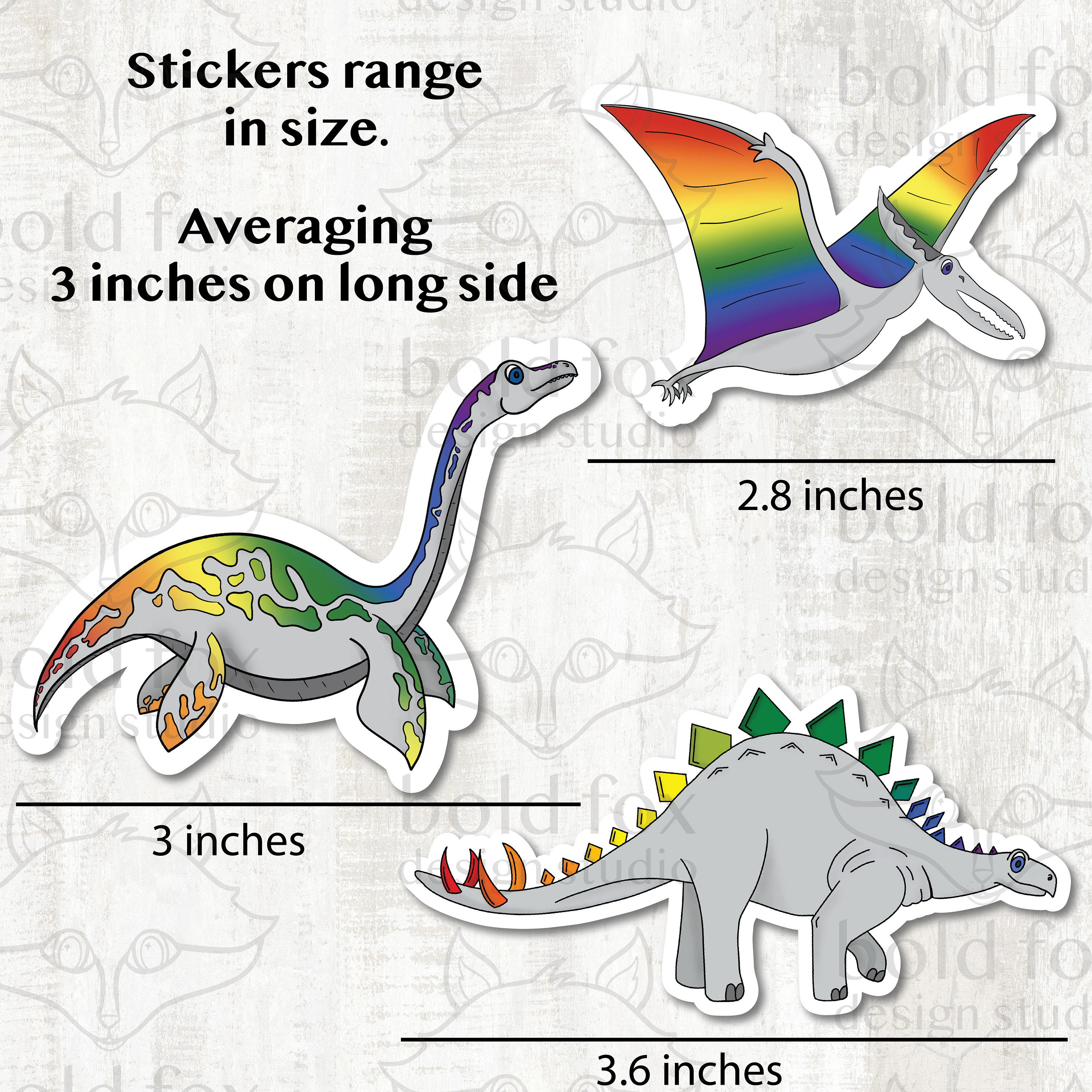 Rainbow Dino Stickers — Bold Fox Design Studio