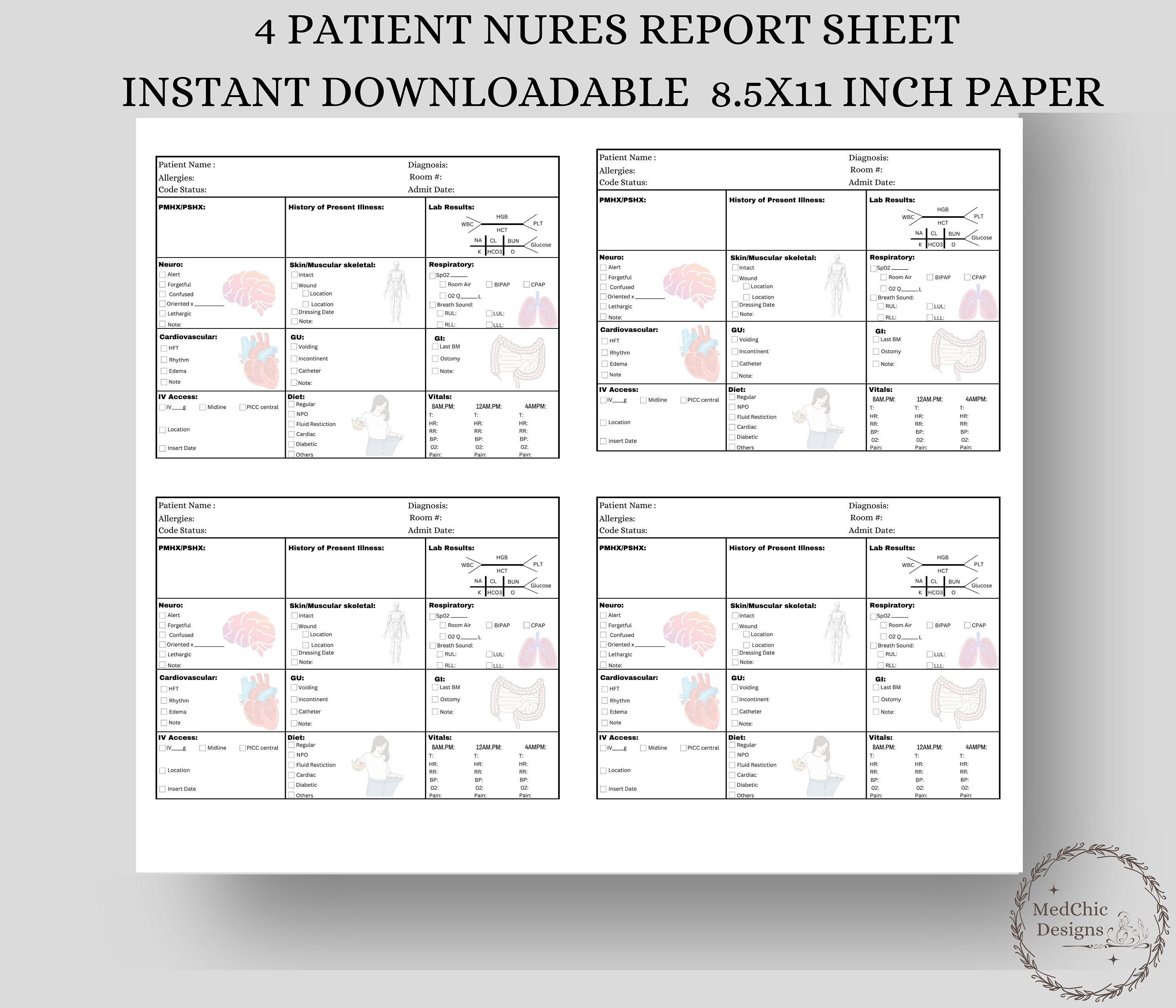 Patient Nurse Report Sheet Instant Downloadable Template - Etsy