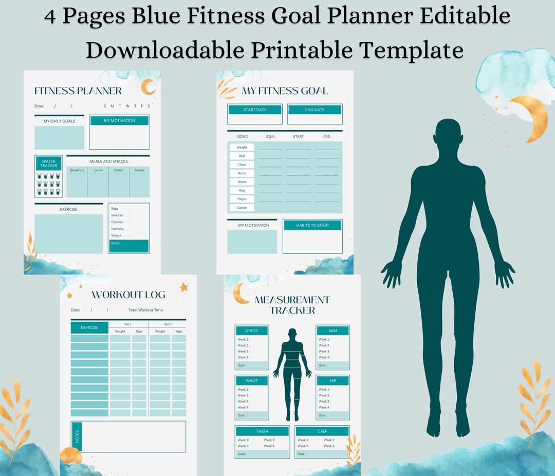 Blue and Gold Watercolor Fitness Goal Planner - Etsy