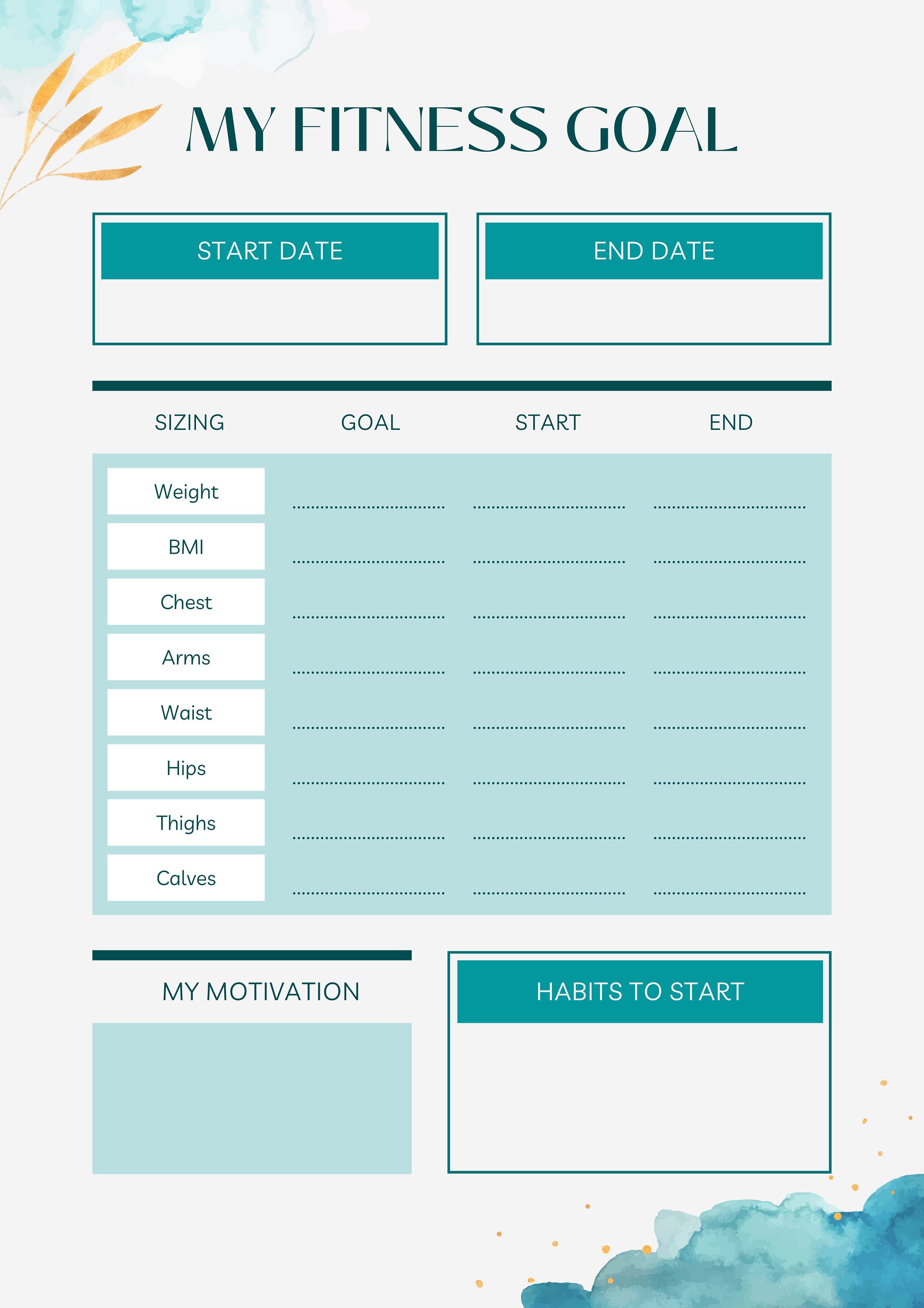 Blue and Gold Watercolor Fitness Goal Planner - Etsy