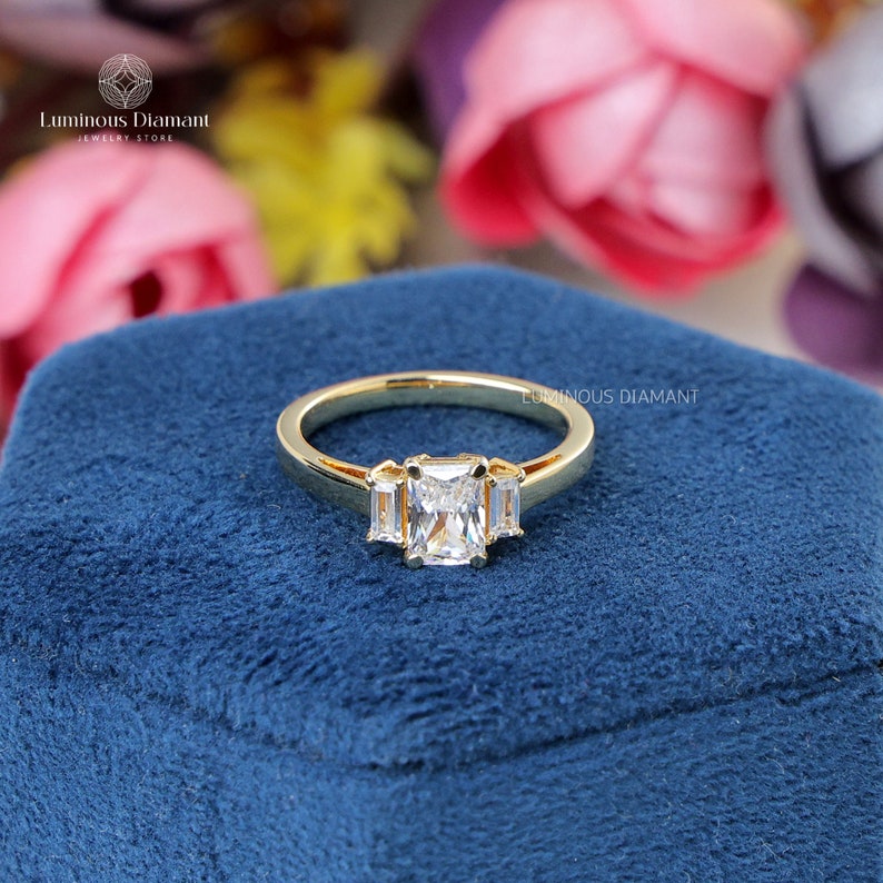 Radiant Lab Grown Engagement Ring, Baguette Side Stones, 14k Gold - Etsy