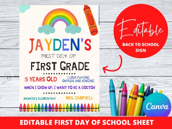 Editable Back to School Sign First Day of School Signs - Etsy