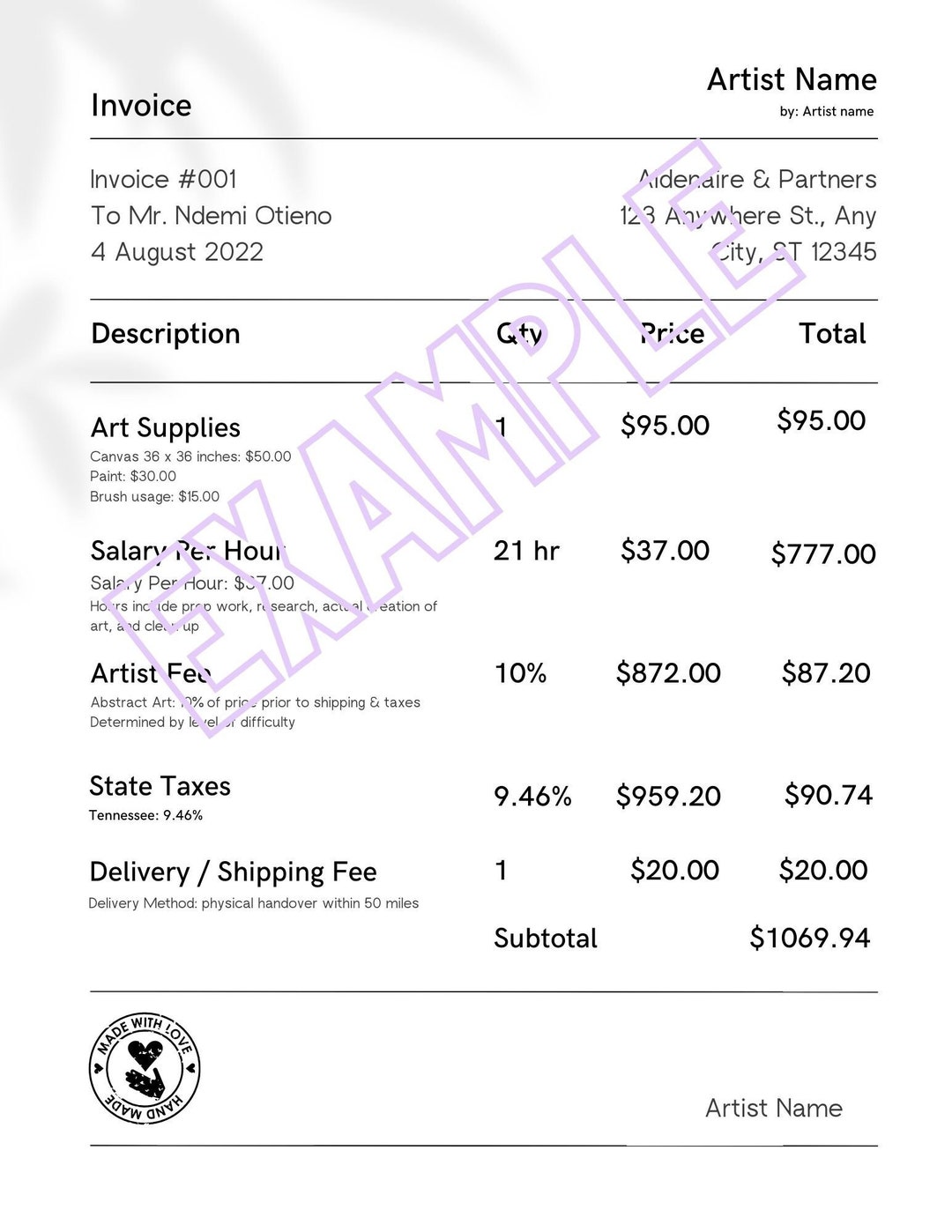 Beginner Artist Painter Invoice With Calculations - Etsy