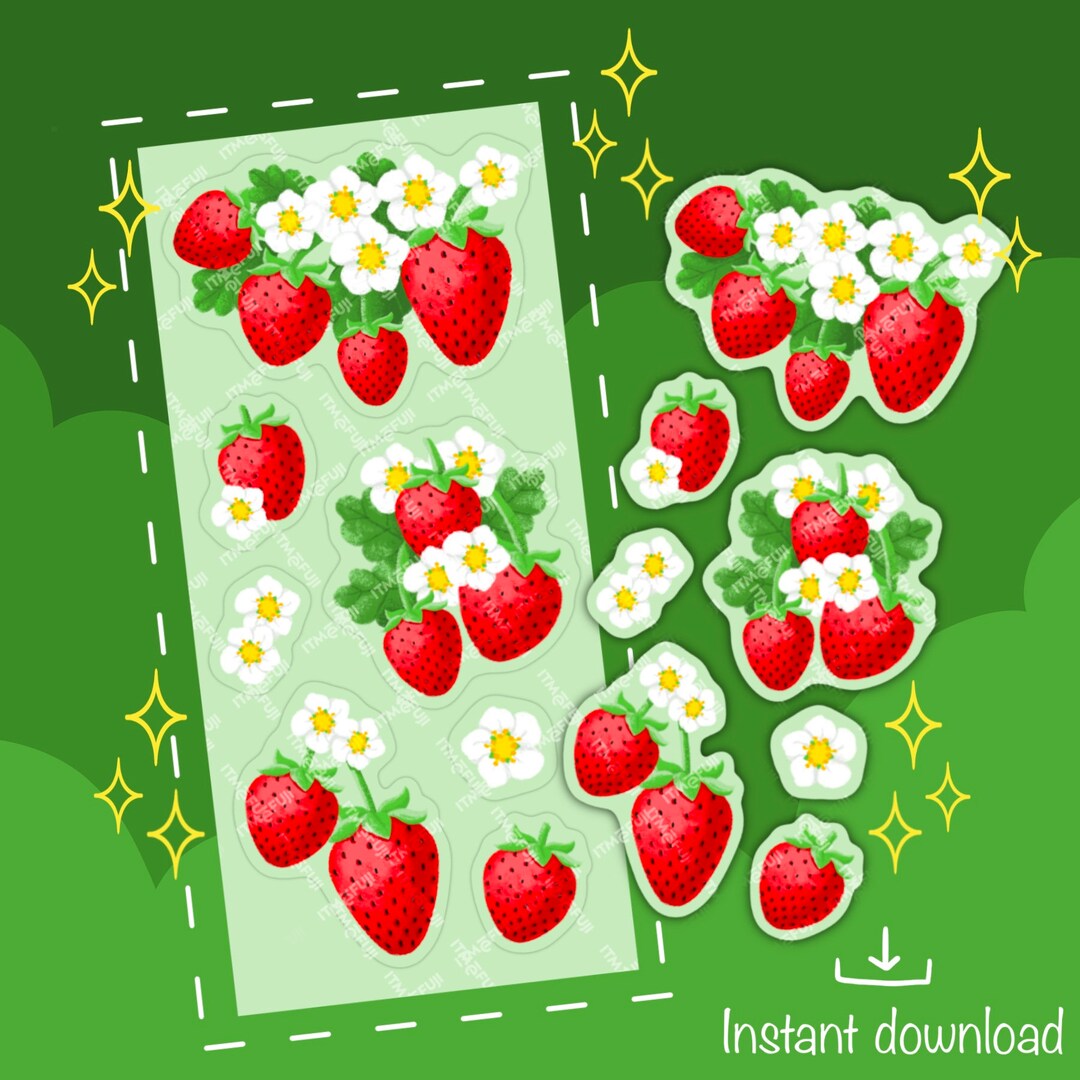 Cute Printable Strawberry Sticker Sheet, Clip Art / Commercial Use/ PNG ...