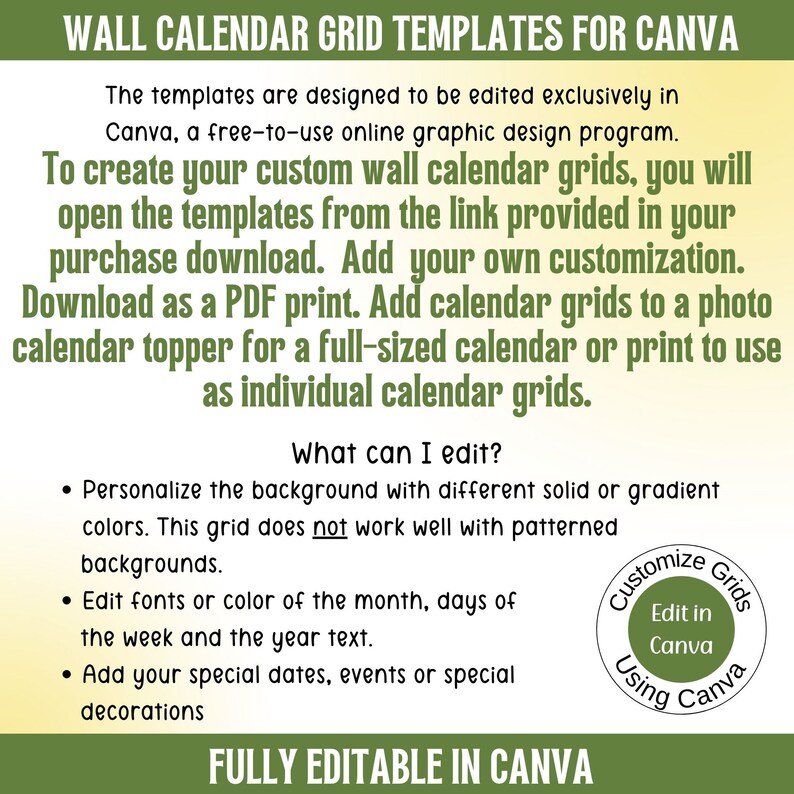2024 Wall Calendar Grids Fully Editable 12 Months 8.5x11 Canva Template ...