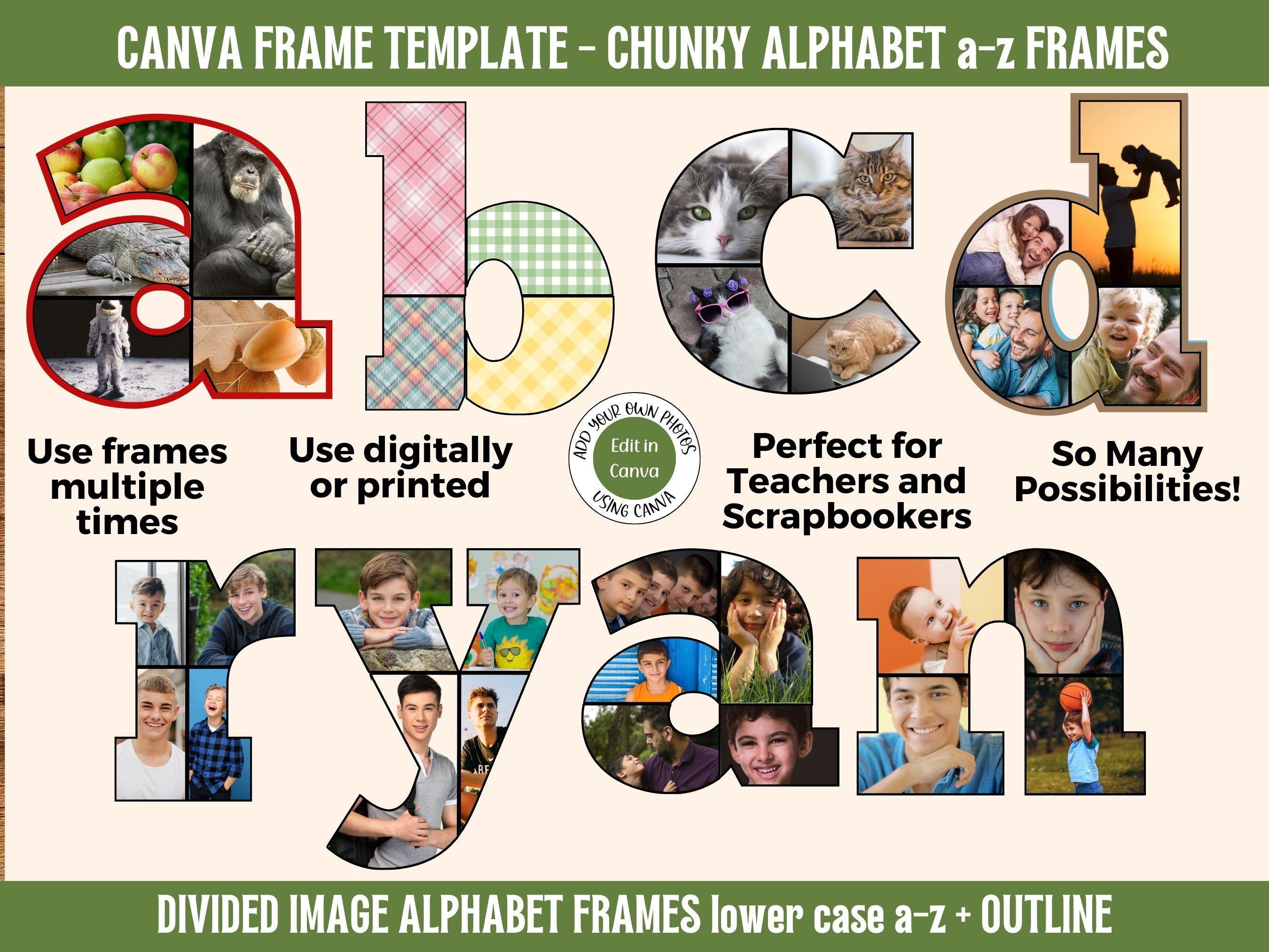 Chunky Font Canva Frame Alphabet Template: Divided Letters, Upper ...