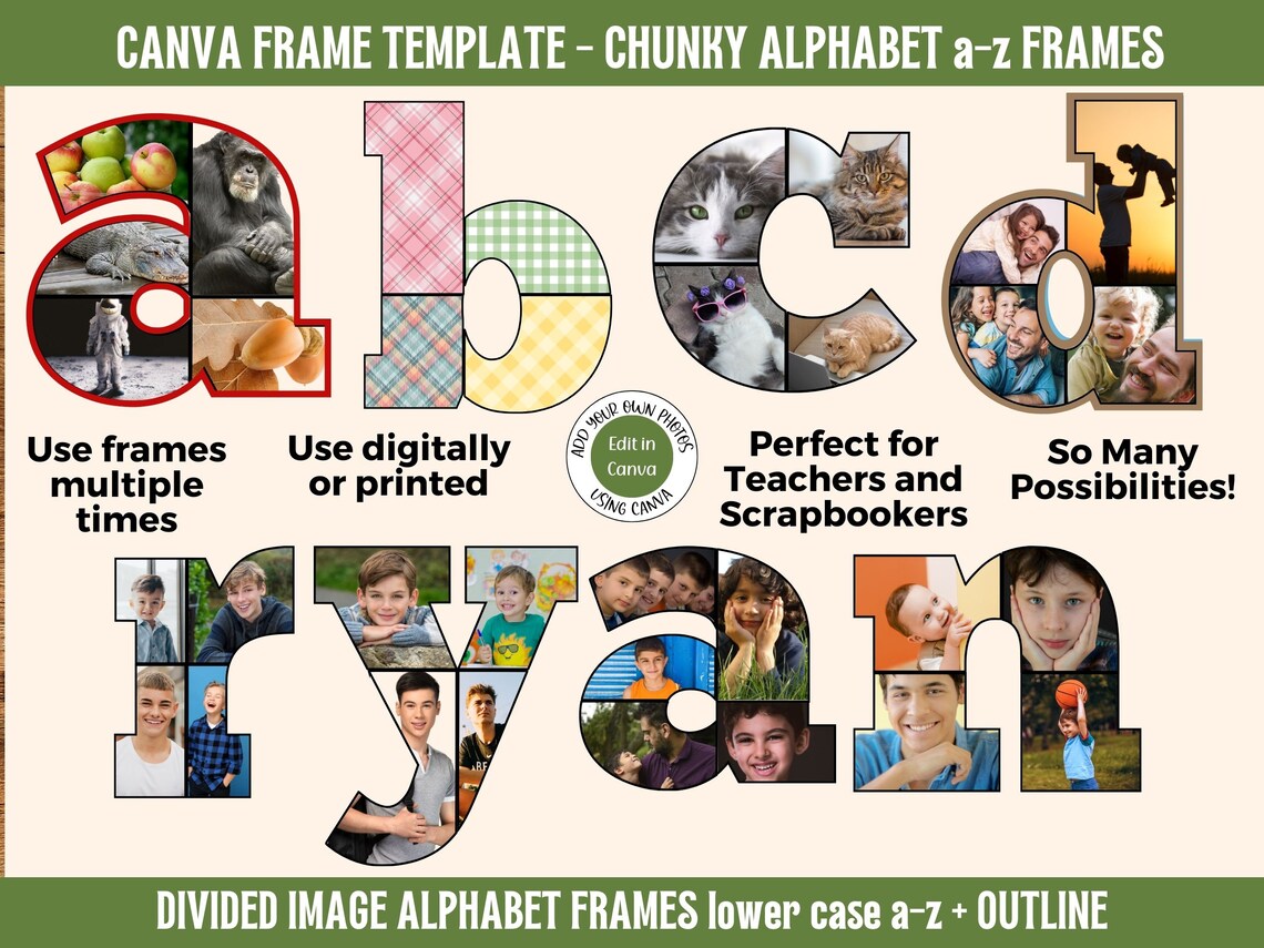 Chunky Divided Font: Lower Case Alphabet Fillable Canva Frame Template ...