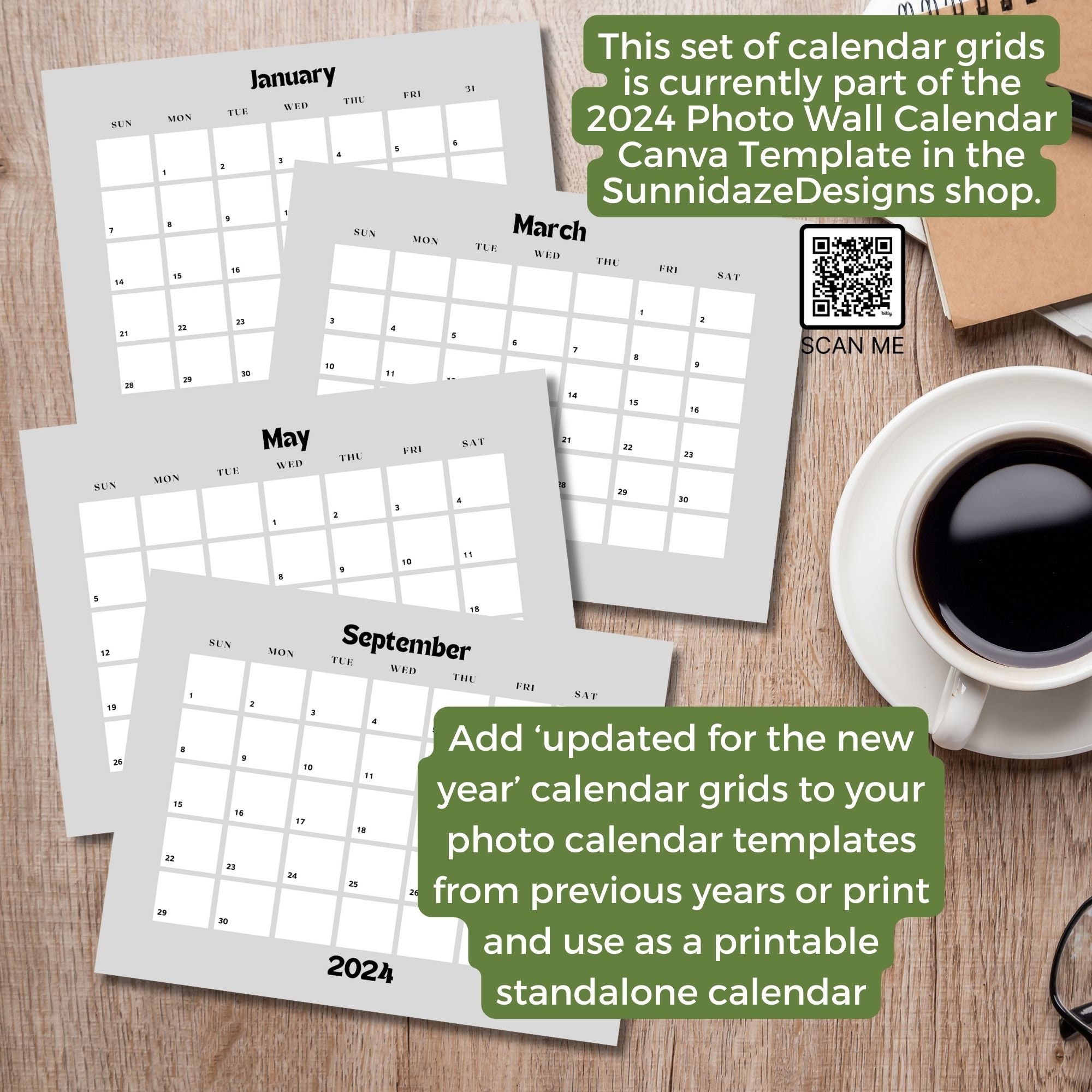 2024 Wall Calendar Grids Canva Template Set 3 Fully Editable 12 Months ...