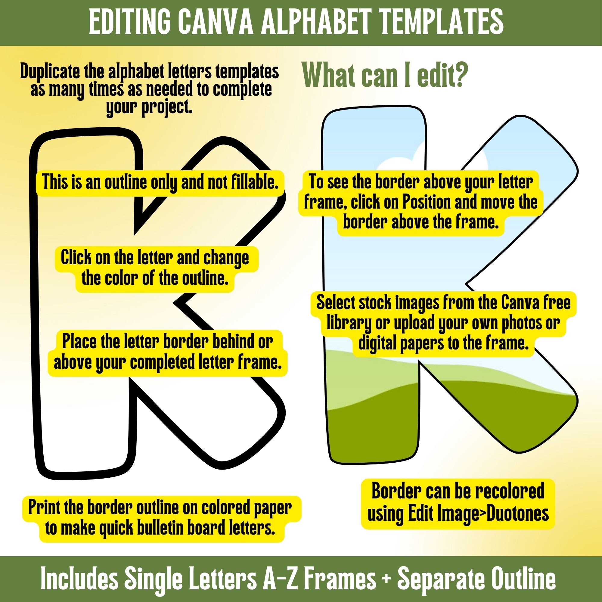 Canva Frame Alphabet Template A-Z | Upper Case Chunky Font Fillable ...