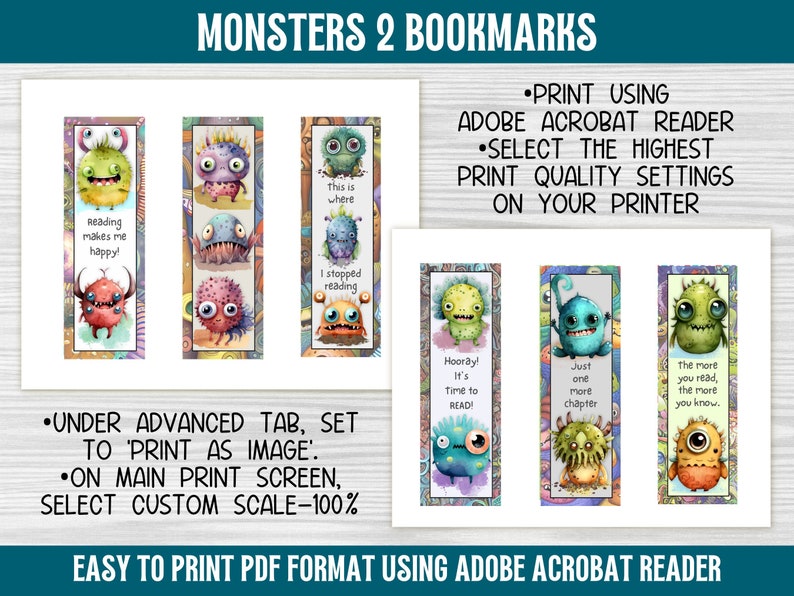 Monsters Bookmarks Set of 6 Printable PDF | Cute Bookmark for Kid ...