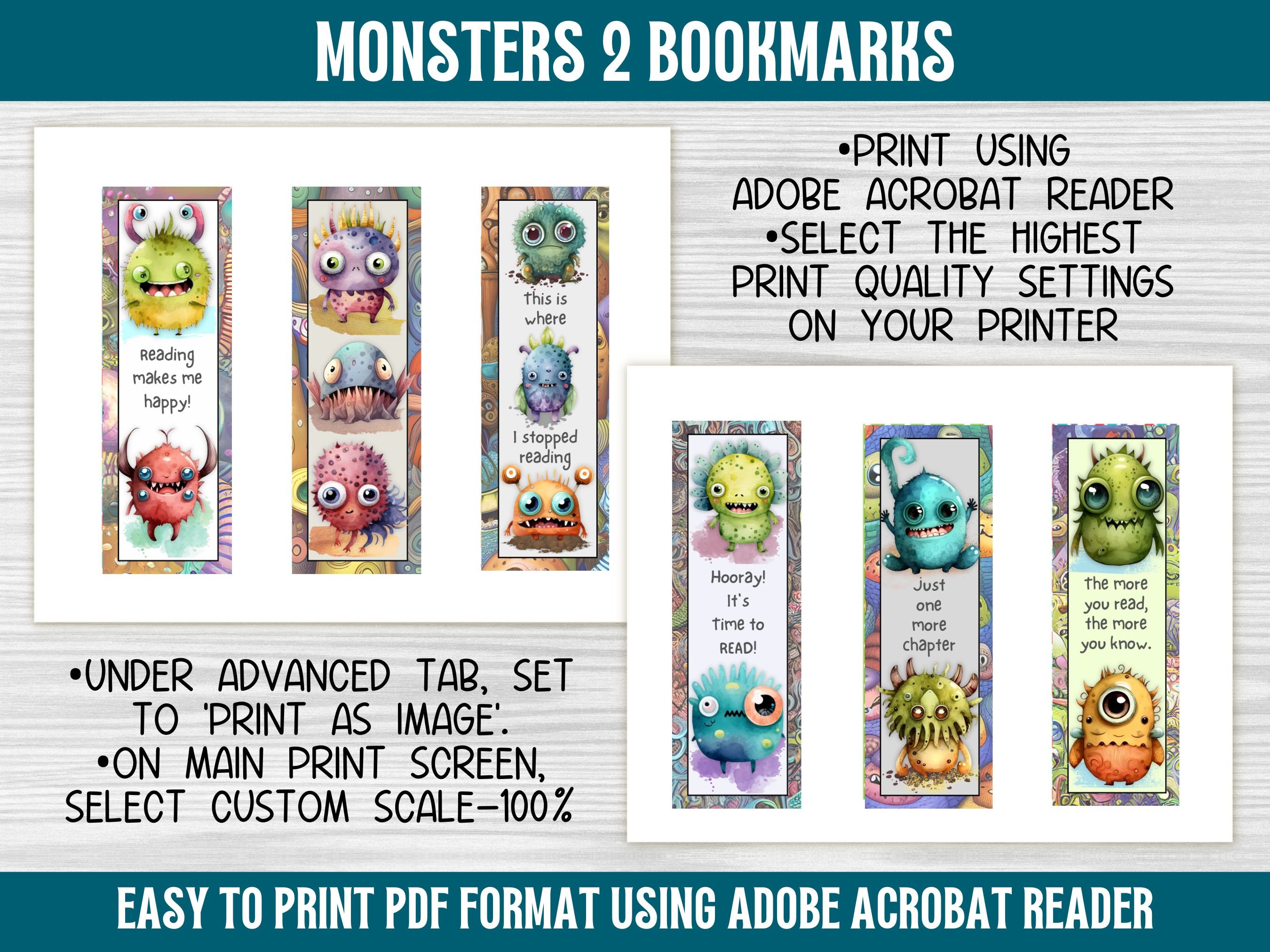 Monsters Bookmarks Set of 6 Printable PDF | Cute Bookmark for Kid ...