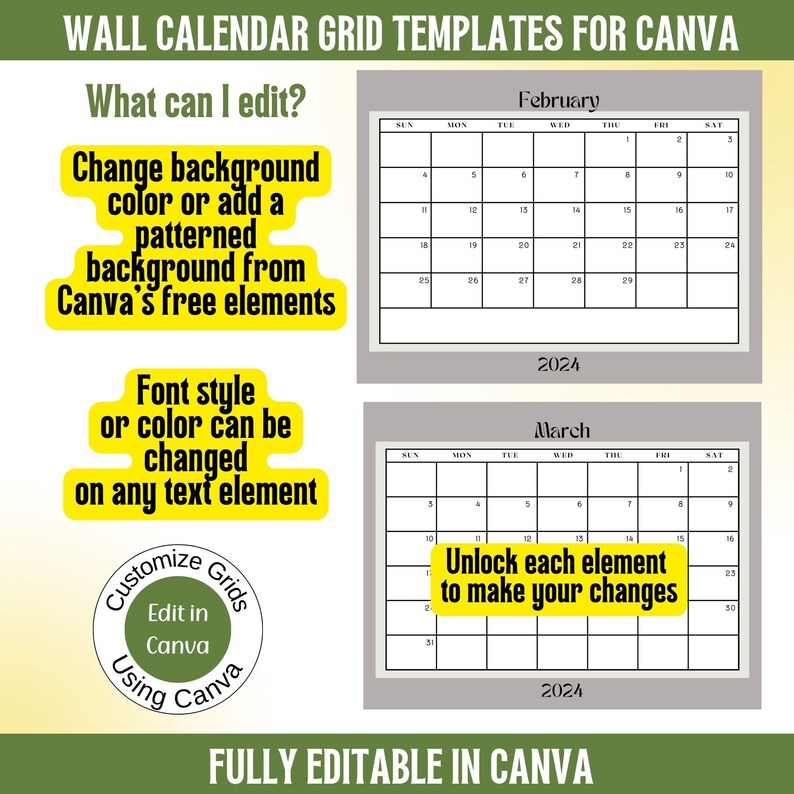 2024 Wall Calendar Grids Canva Template Set 2 | Fully Editable 12 ...