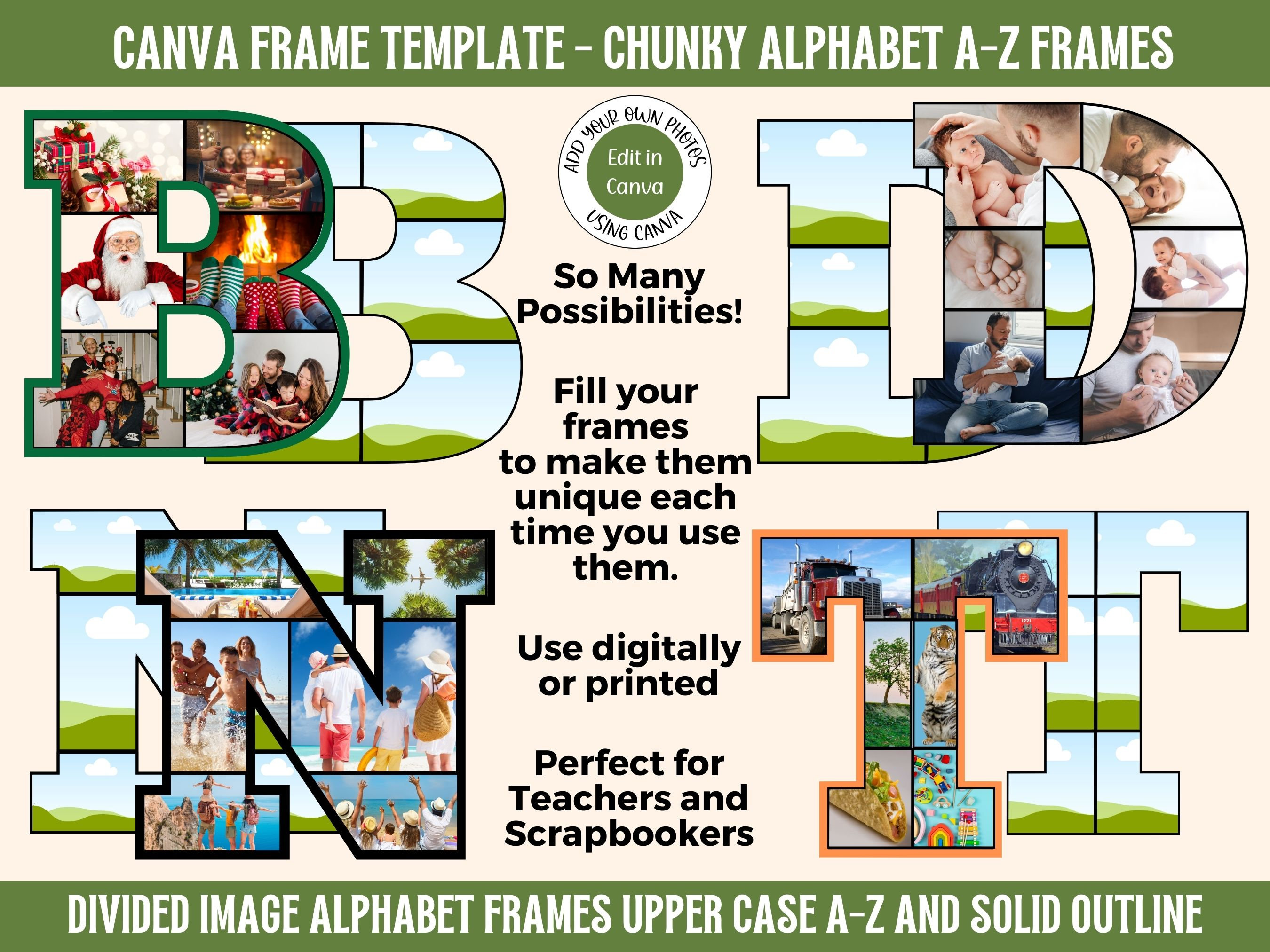 Canva Frame Chunky Font Alphabet: Uppercase A-Z Divided Letter Fillable ...