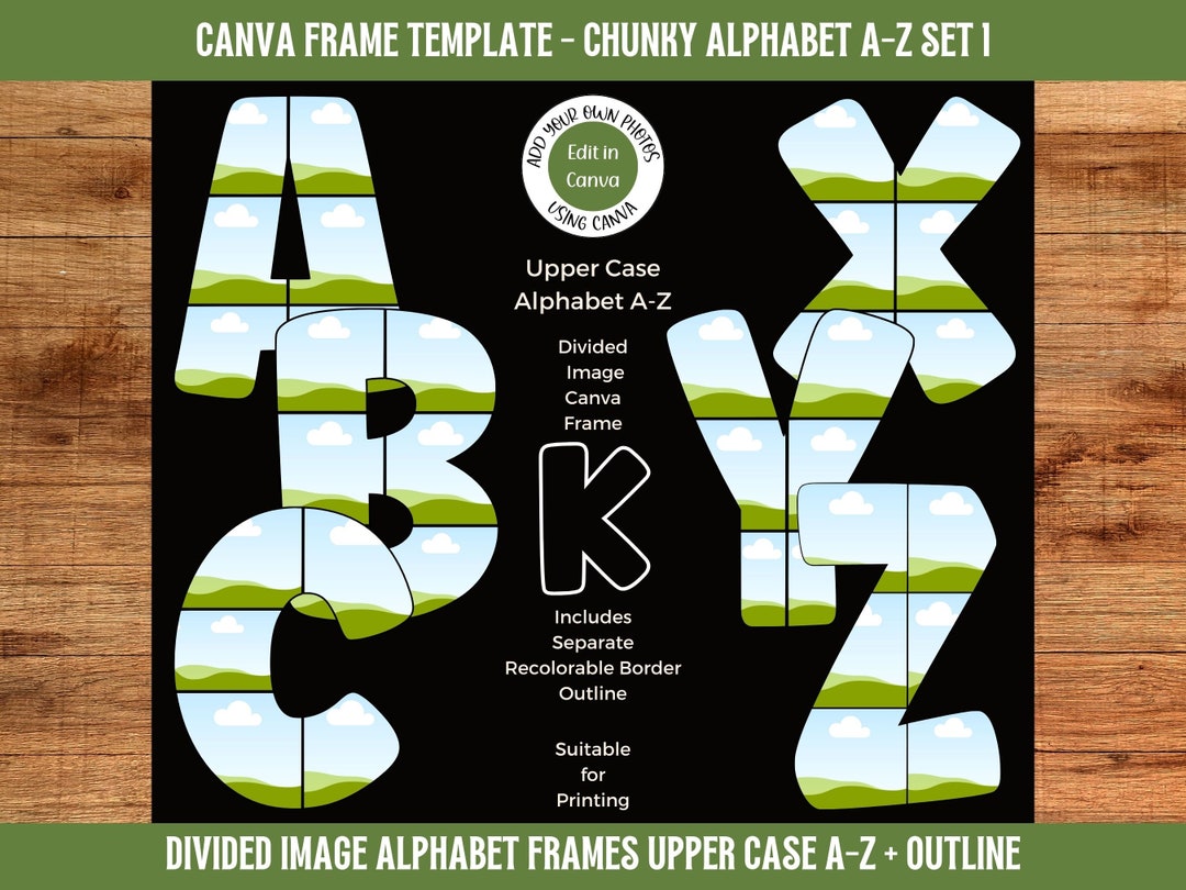 Canva Frame Divided Alphabet Template A-Z | Upper Case Chunky Font Fillable Alpha Frame Set 1 ...
