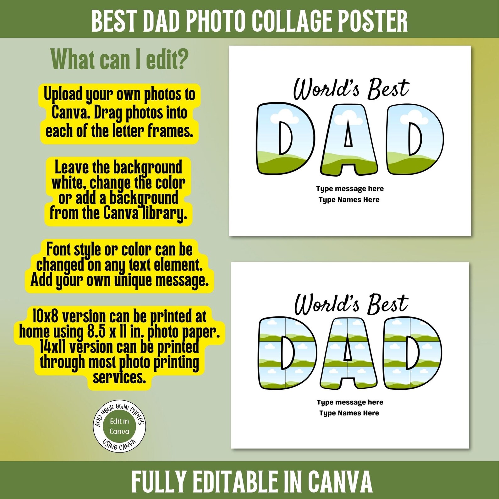 Dad Photo Collage Canva Frame Template | Printable Dad Poster With ...