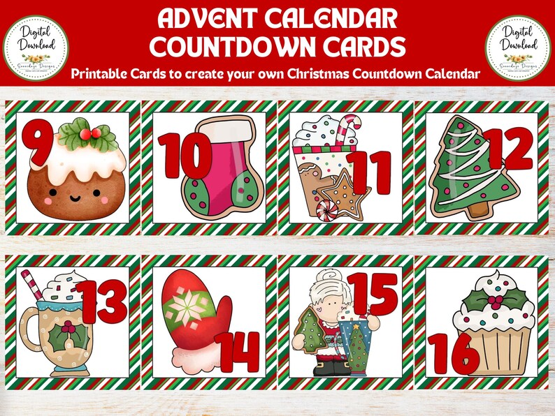 Christmas Countdown Cards | Printable Advent Calendar Numbers | 25 Days ...