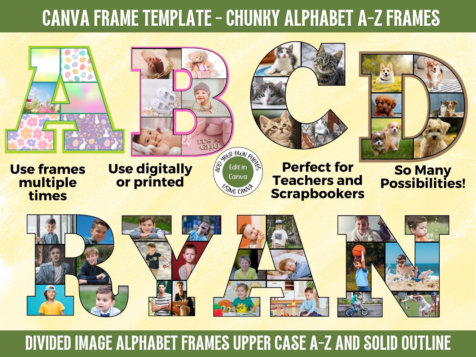 Canva Frame Chunky Font Alphabet: Uppercase A-Z Divided Letter Fillable ...