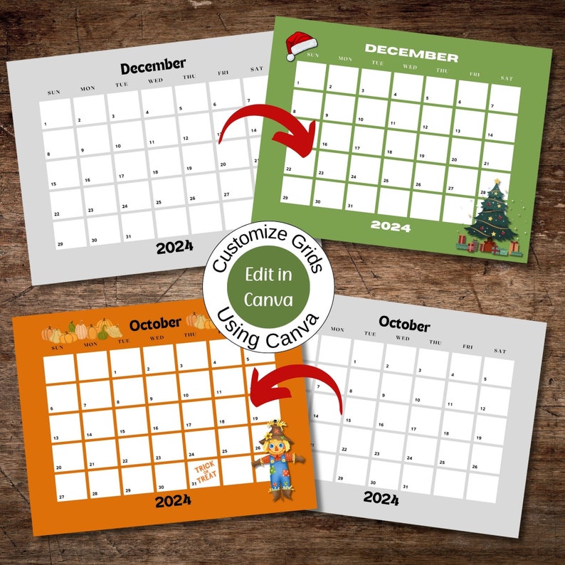 2024 Wall Calendar Grids Canva Template Set 3 | Fully Editable 12 ...