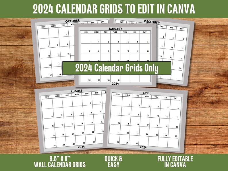 2024 Wall Calendar Grids Canva Template Set 1 Fully Editable 12 Months ...