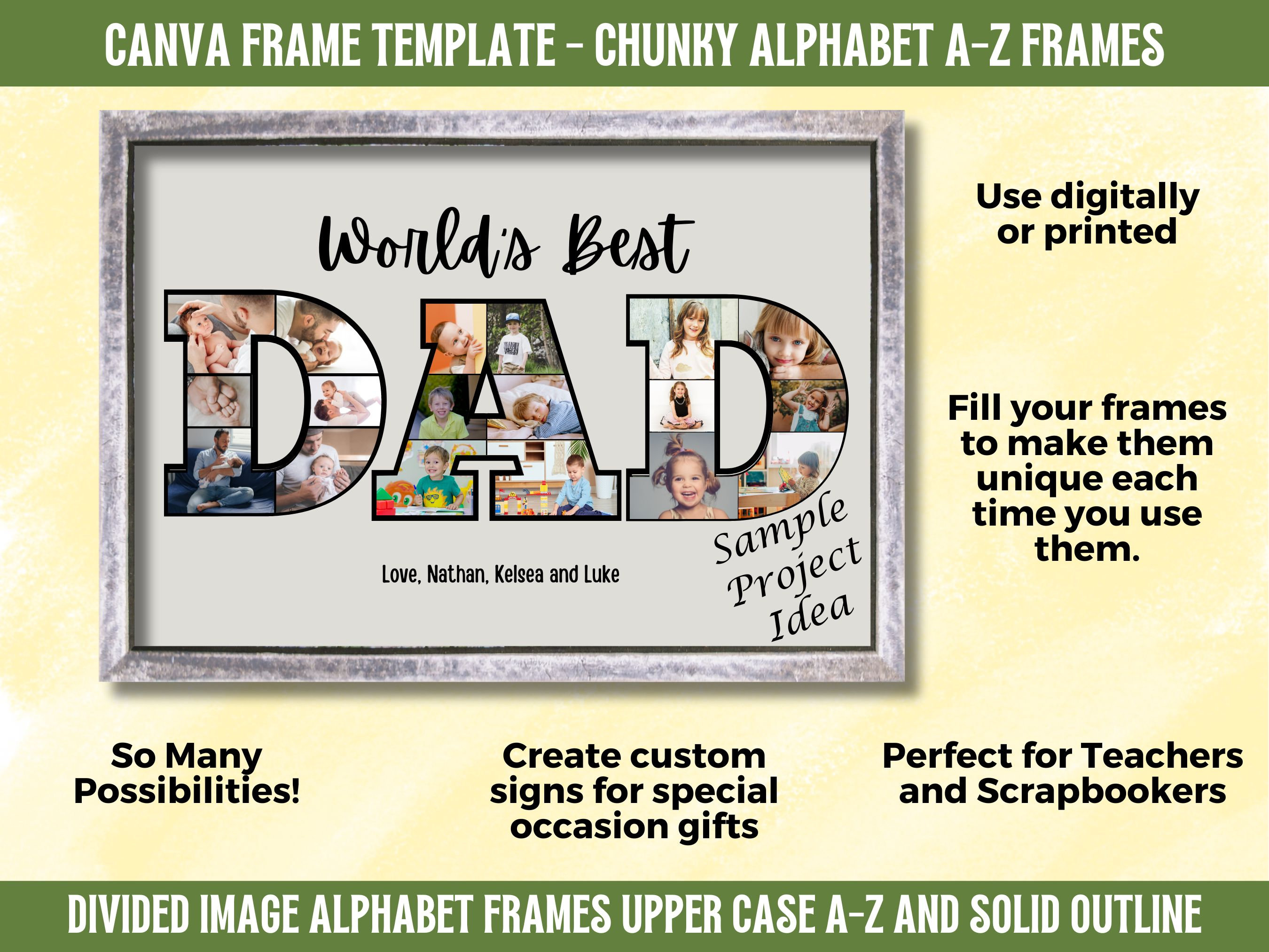 Canva Frame Chunky Font Alphabet: Uppercase A-Z Divided Letter Fillable ...