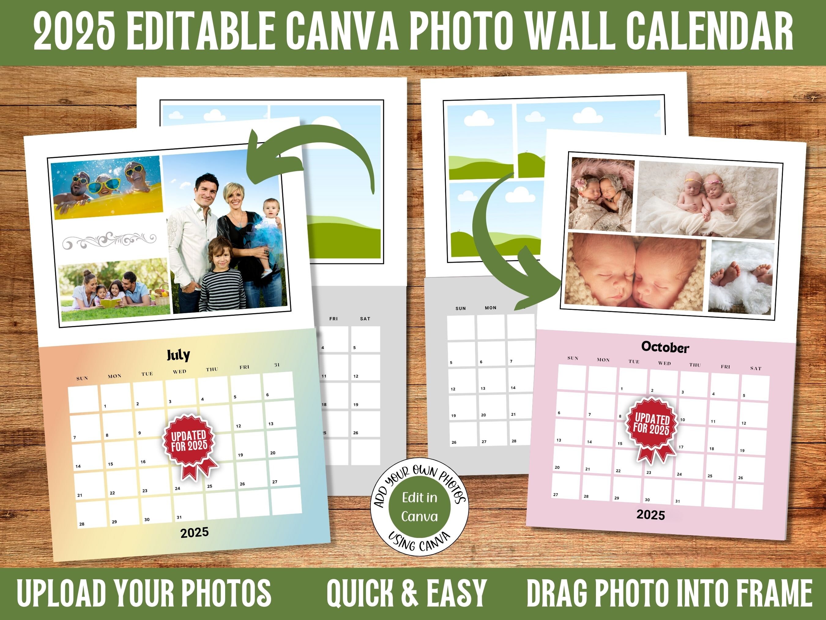 2025 Photo Collage Wall Calendar Canva Templates | Fully Editable 12 ...