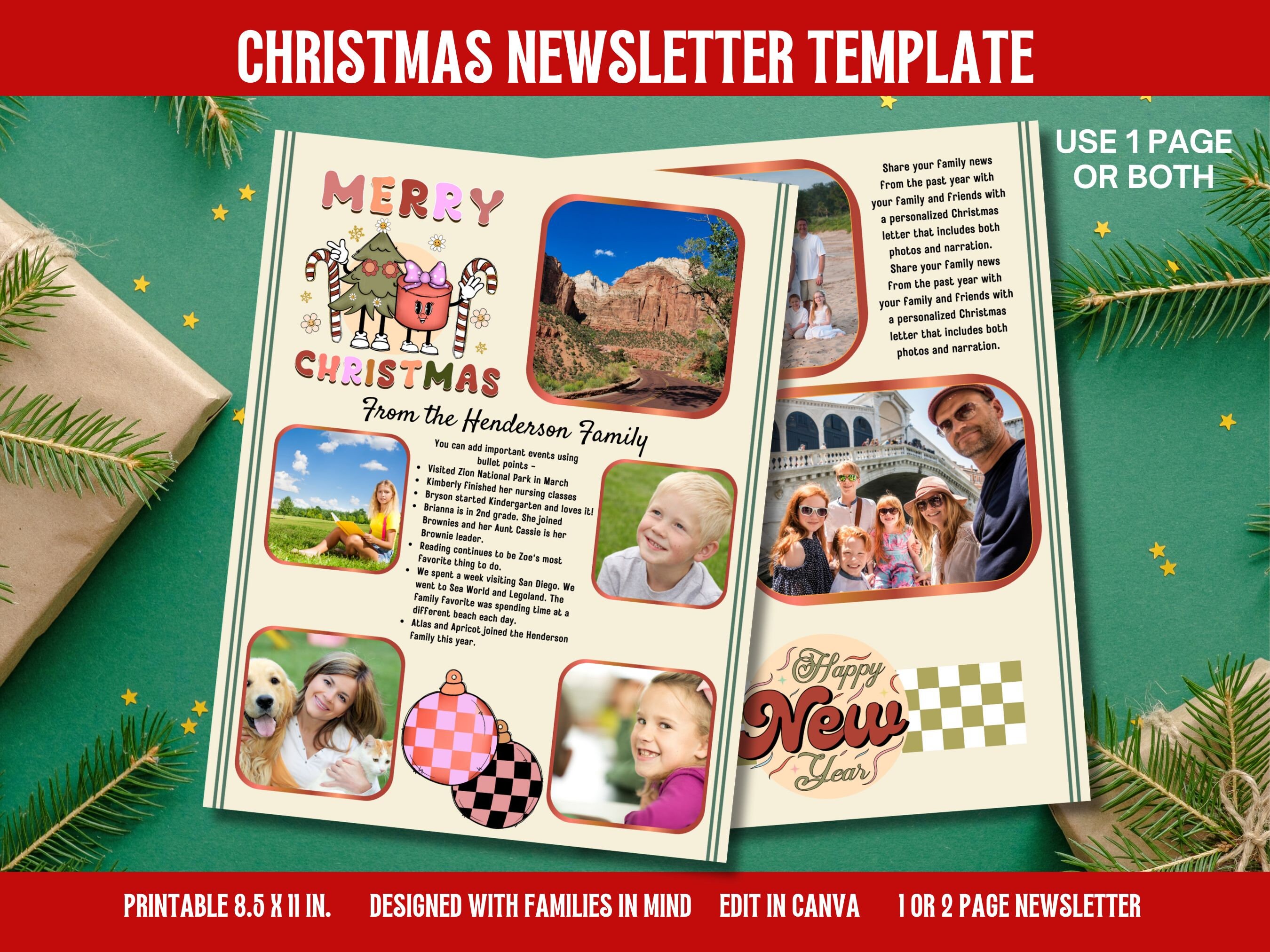 Retro Christmas Newsletter Template Editable in Canva, Cute Holiday ...