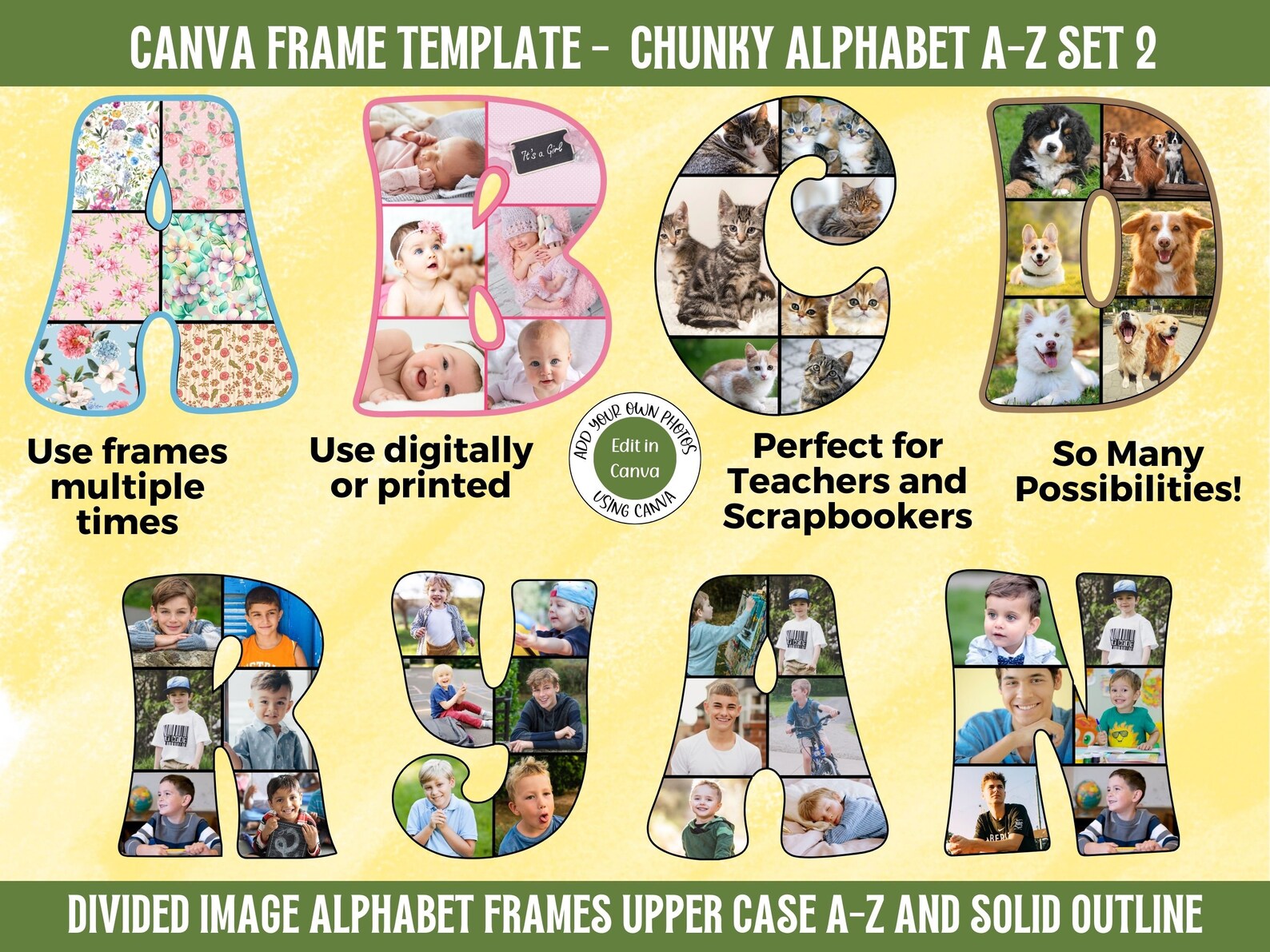 Canva Frame Divided Alphabet Template A-Z | Upper Case Chunky Font ...