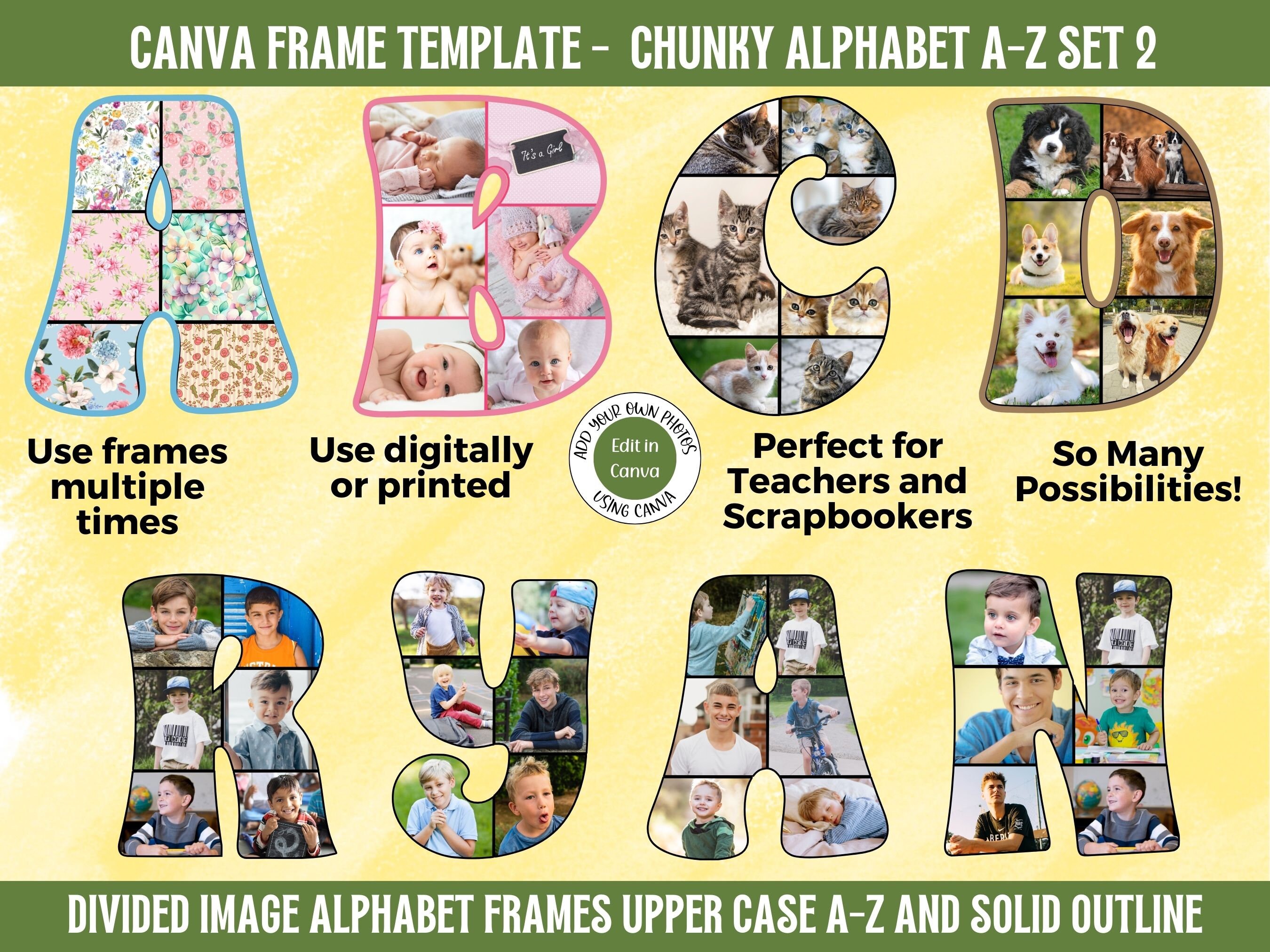 Canva Frame Divided Alphabet Template A-Z | Upper Case Chunky Font Fillable Alpha Frame Set 2 ...
