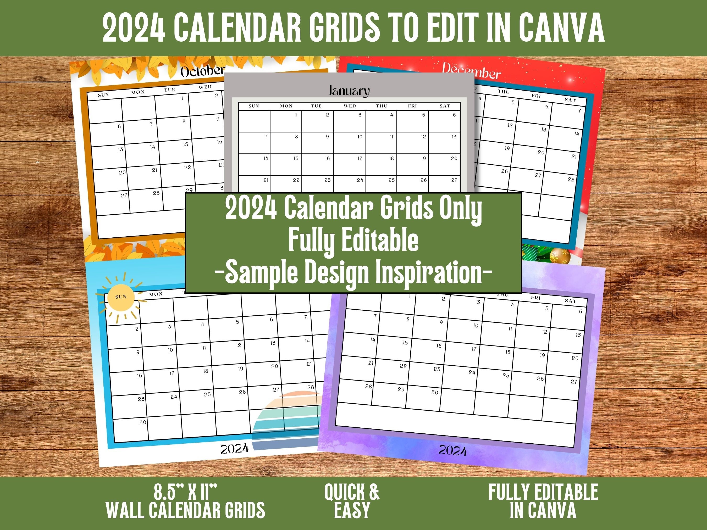 2024 Wall Calendar Grids Canva Template Set 2 | Fully Editable 12 ...