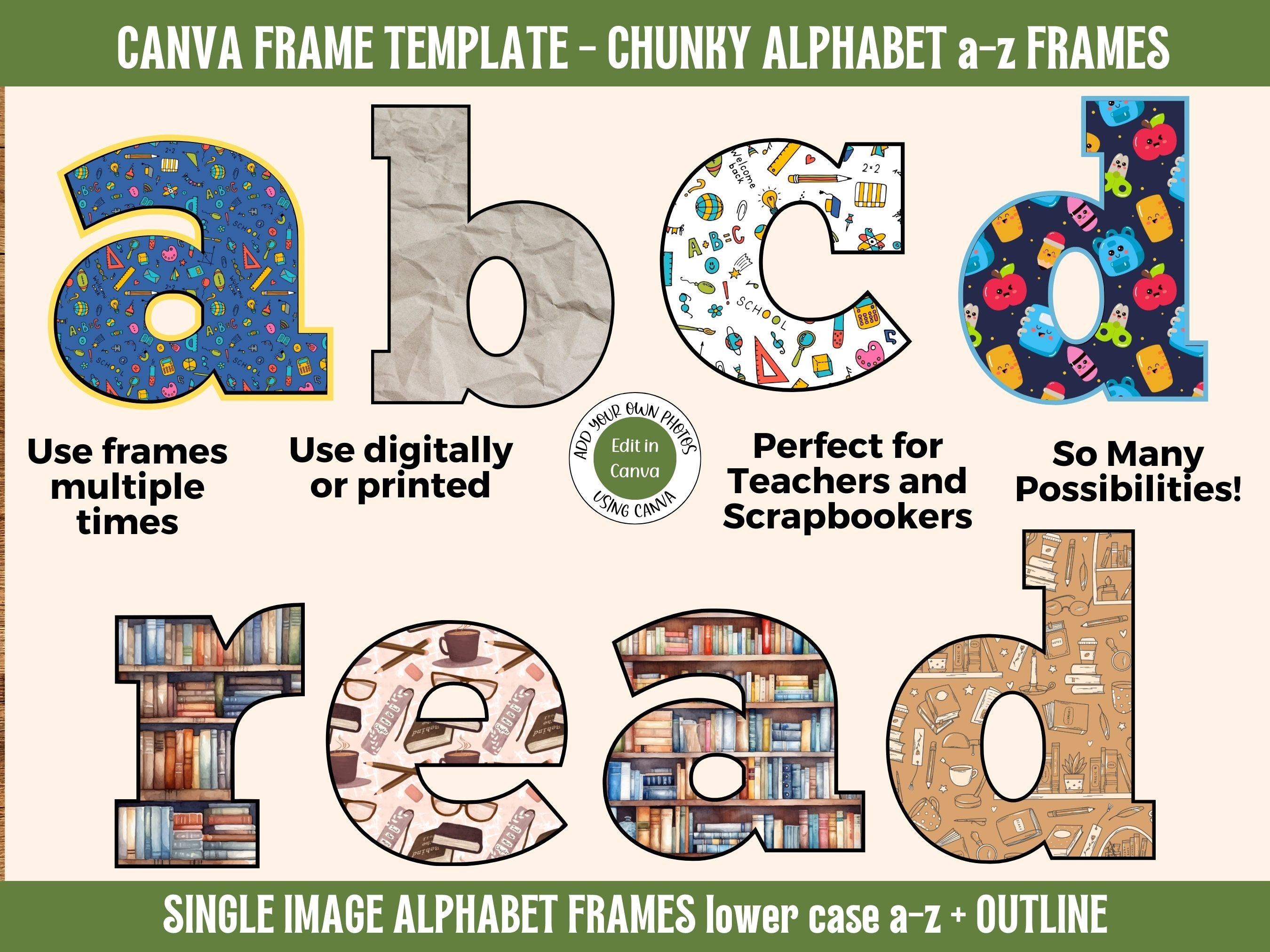 Chunky Font Canva Frame Alphabet Template: Upper & Lower Case Fillable ...