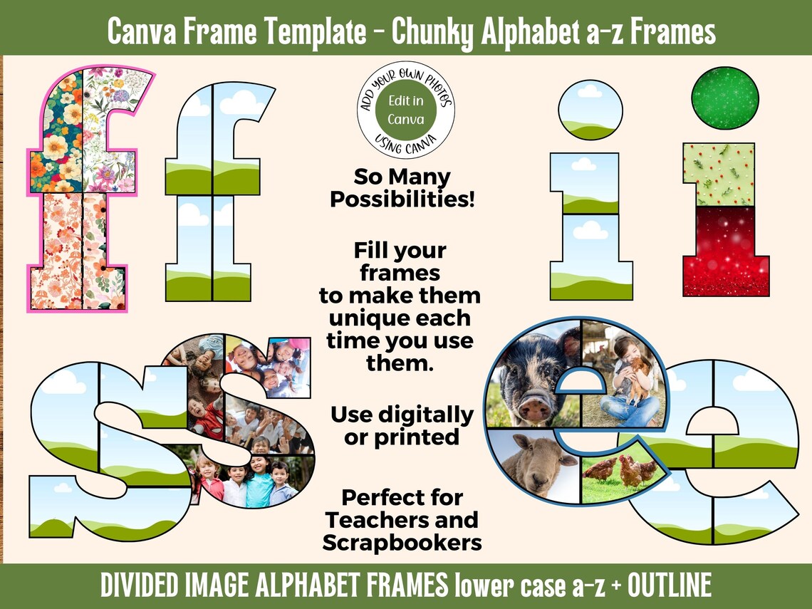 Chunky Divided Font: Lower Case Alphabet Fillable Canva Frame Template ...