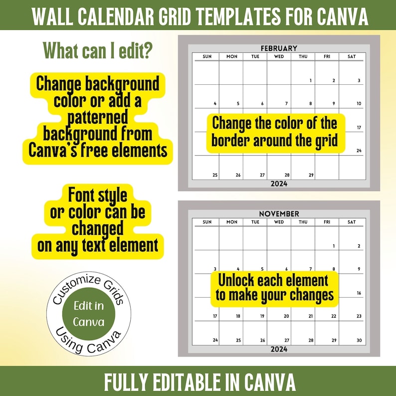 2024 Wall Calendar Grids Canva Template Set 1 Fully Editable 12 Months ...
