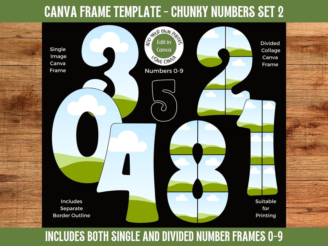 Chunky Number Collage Frames for Canva: Single & Divided Fillable Font ...
