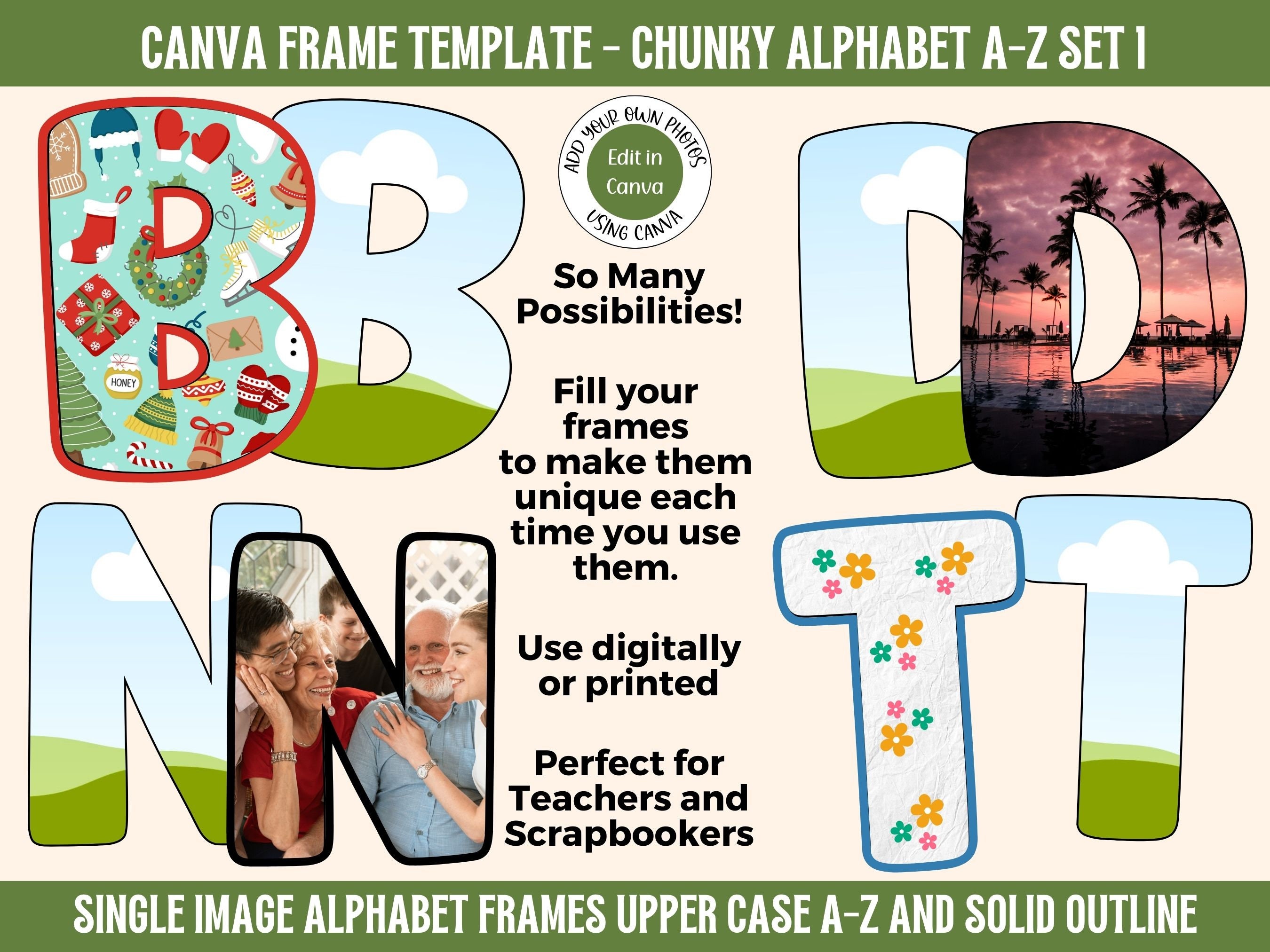 Canva Frame Alphabet Template A-Z | Upper Case Chunky Font Fillable ...