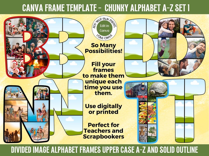 Canva Frame Divided Alphabet Template A-Z | Upper Case Chunky Font Fillable Alpha Frame Set 1 ...