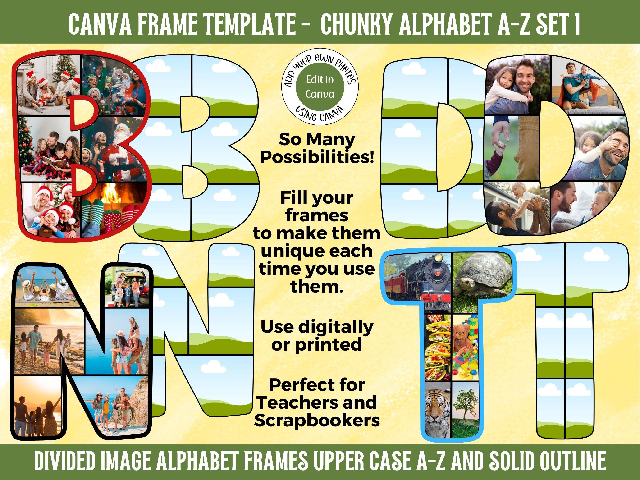 Canva Frame Divided Alphabet Template A-Z Upper Case Chunky Font Fillable Alpha Frame Set 1 ...