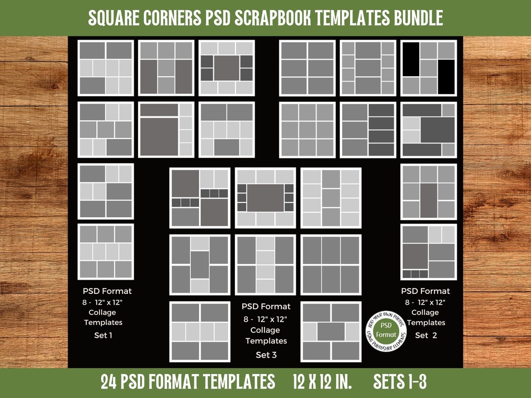 12x12 Photo Collage Scrapbook Templates: Square Corner Pocket Style PSD ...