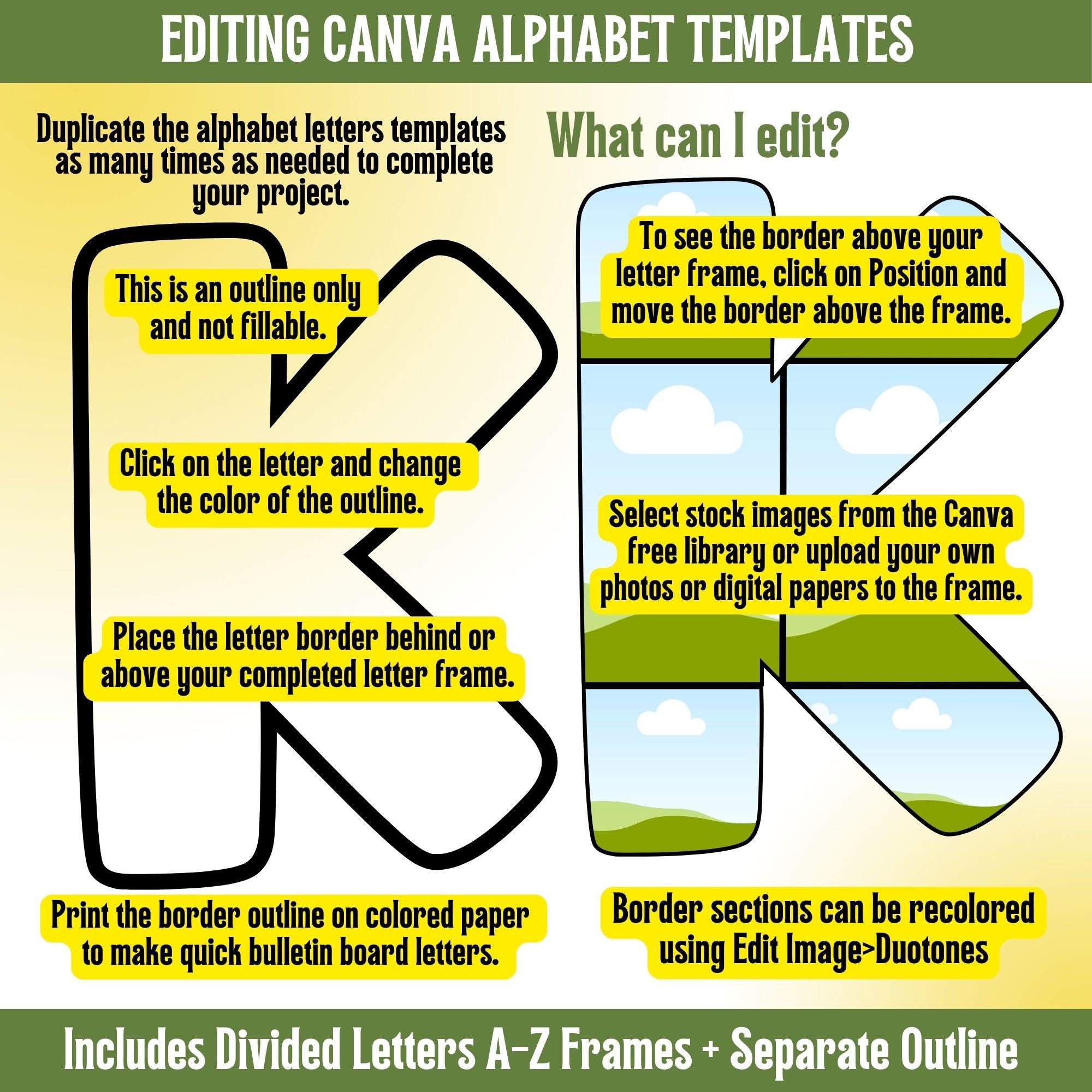 Canva Frame Divided Alphabet Template A-Z Upper Case Chunky Font Fillable Alpha Frame Set 1 ...