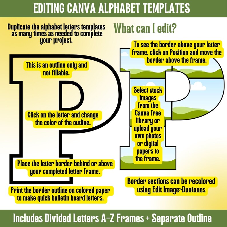 Canva Frame Chunky Font Alphabet: Uppercase A-Z Divided Letter Fillable ...