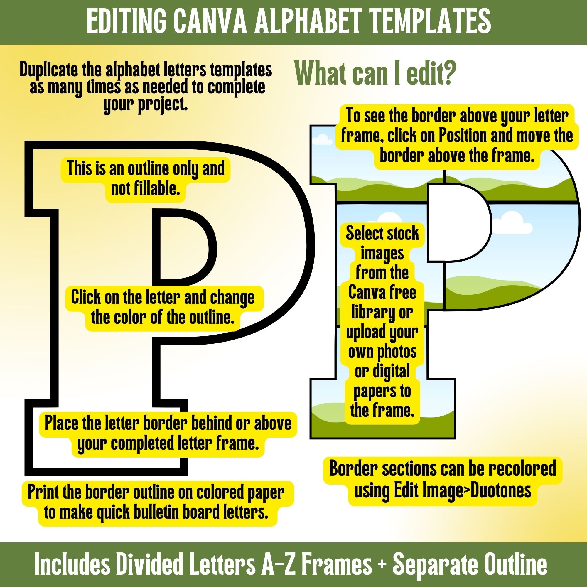 Canva Frame Chunky Font Alphabet: Uppercase A-Z Divided Letter Fillable ...