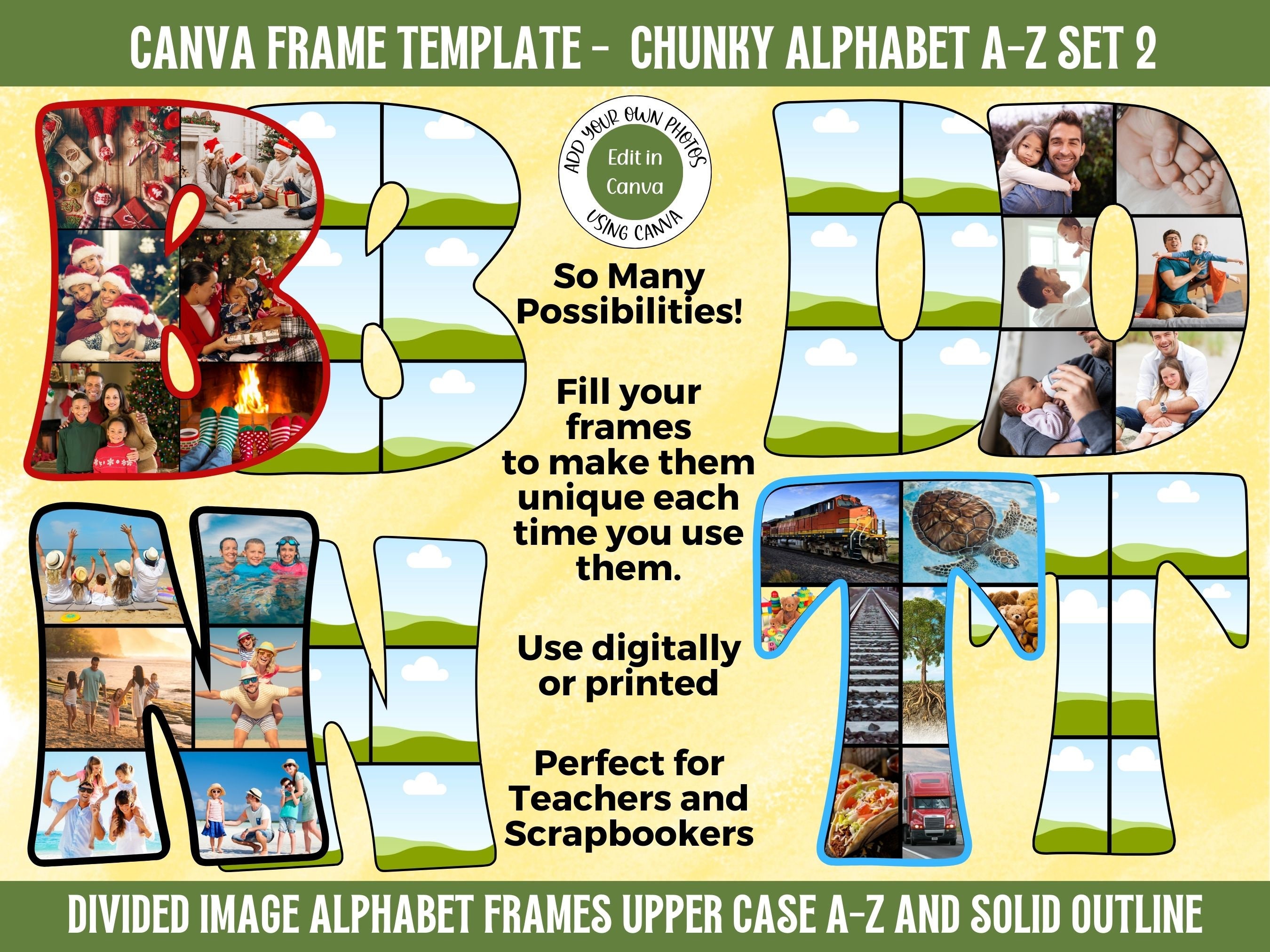 Canva Frame Divided Alphabet Template A-Z | Upper Case Chunky Font Fillable Alpha Frame Set 2 ...