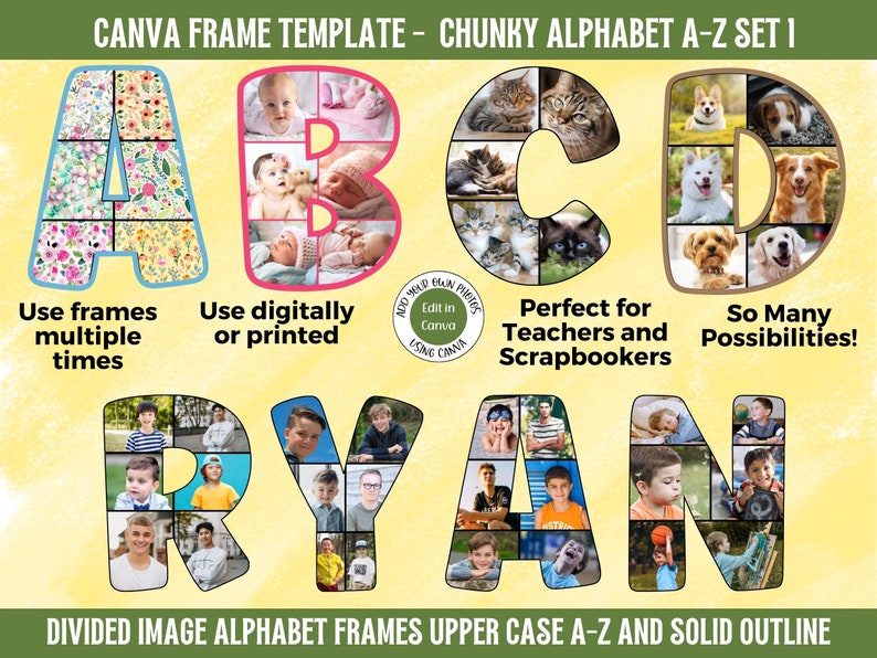 Canva Frame Divided Alphabet Template A-Z | Upper Case Chunky Font Fillable Alpha Frame Set 1 ...