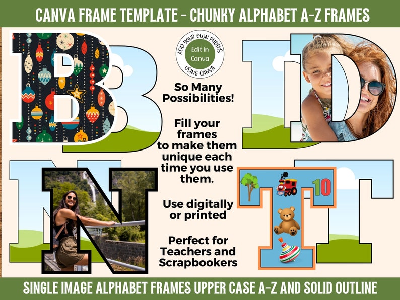 Chunky Font Canva Frame Alphabet Template: Upper & Lower Case Fillable ...