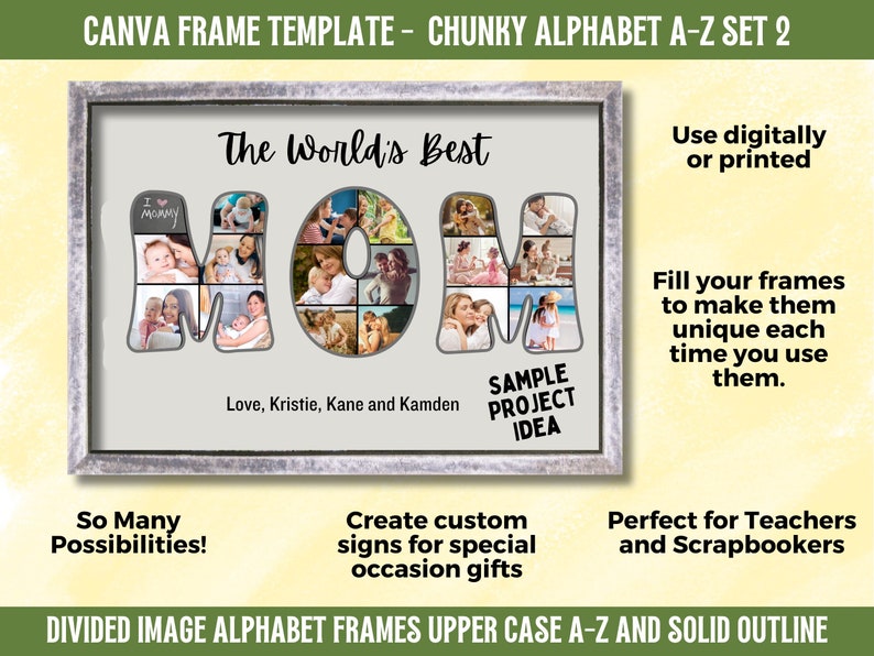 Canva Frame Divided Alphabet Template A-Z | Upper Case Chunky Font Fillable Alpha Frame Set 2 ...