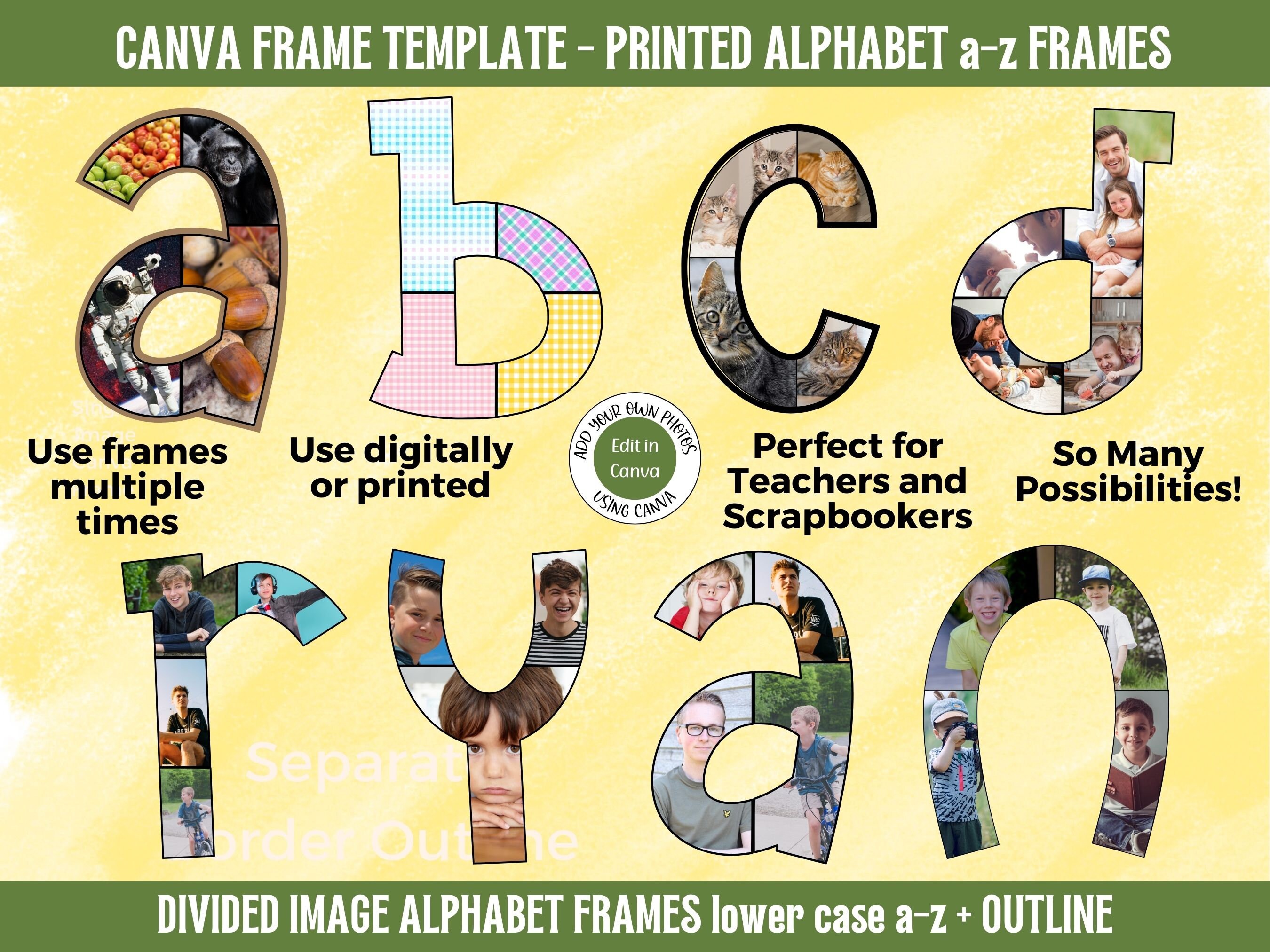 Canva Frame Alphabet Template: Lowercase Divided Letters (digital ...